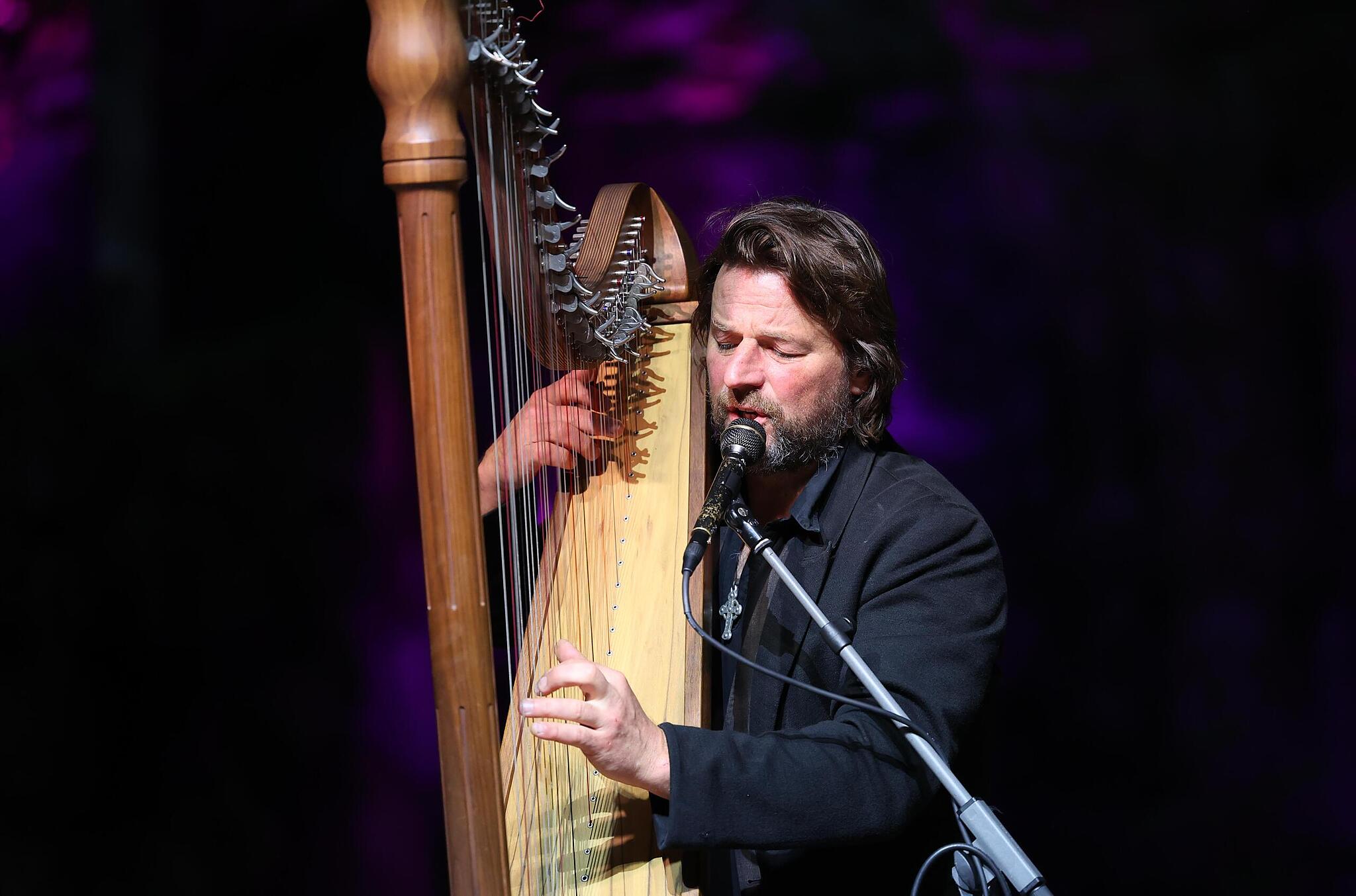 Andy Lang begeistert auf der Naturbühne Trebgast mit seiner Harfe das ...